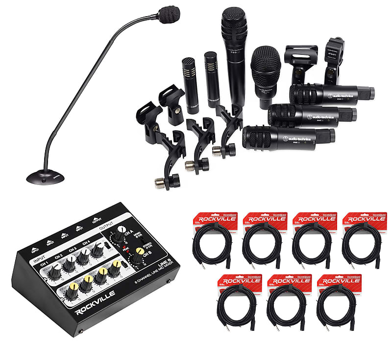 Audio Technica (7) Drum Microphone Kit+Podium Mic+Mixer For | Reverb