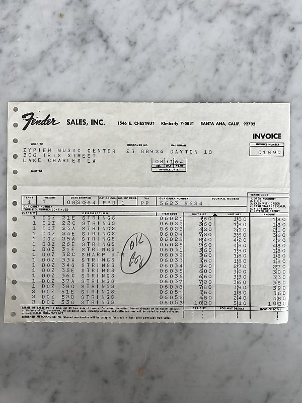 1964 Fender Pre CBS Dealer Invoice Rare Collector Case | Reverb UK