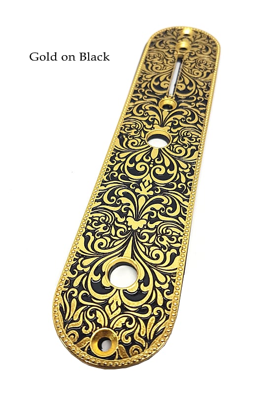 Brio Engraved Pattern Metal Tele Control Plates Gold on Black | Reverb