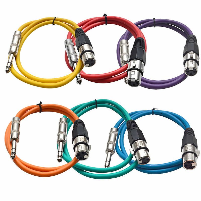 (6) Colored 1/4" TRS XLR Female 3' Patch Cables - multi | Reverb