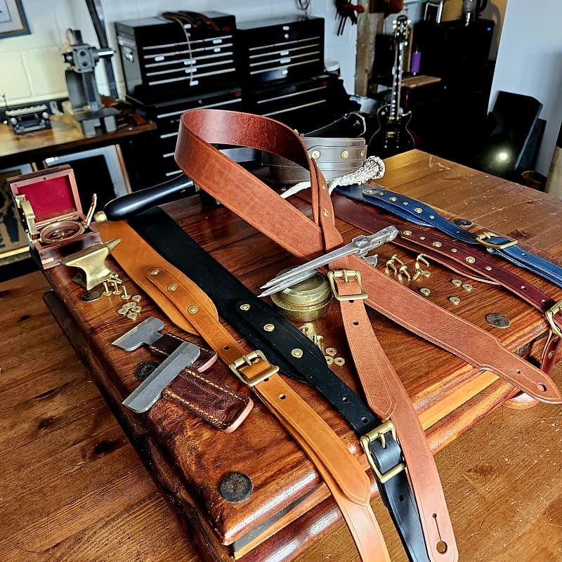 Handmade Leather Guitar strap - "Wolf Pup" in Chestnut, | Reverb