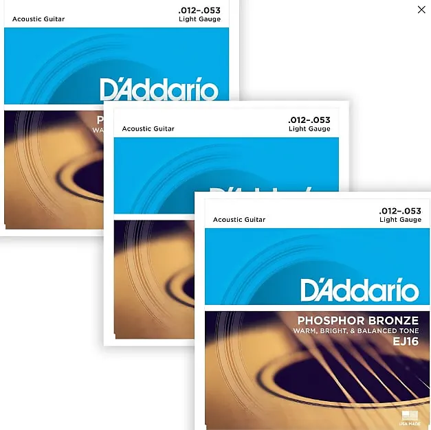 D'Addario EJ16 Phosphor Bronze, Light, 12-53, Acoustic | Reverb