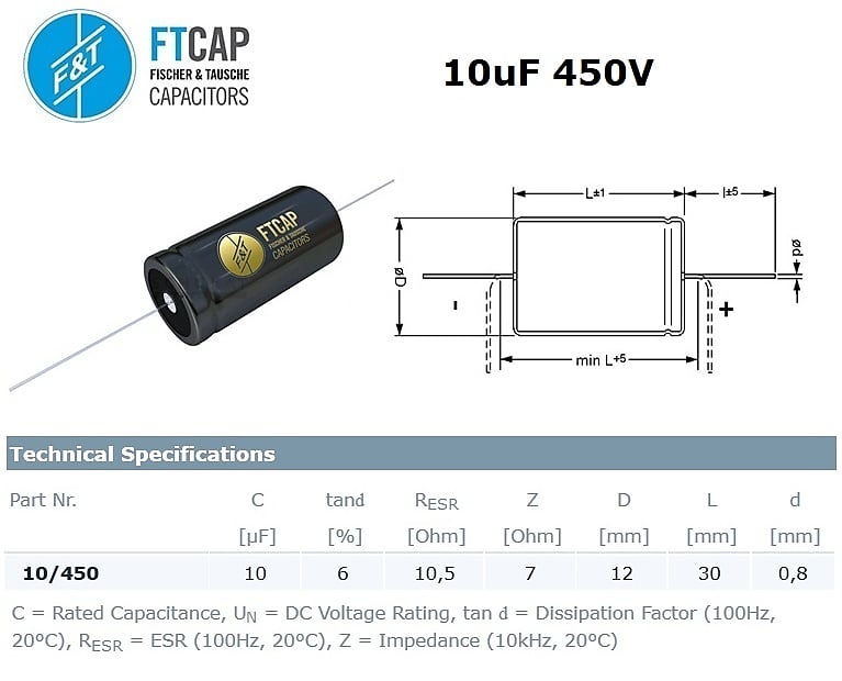 F&T 10uF 450V, axial electrolytic capacitor, A10045012030 - | Reverb