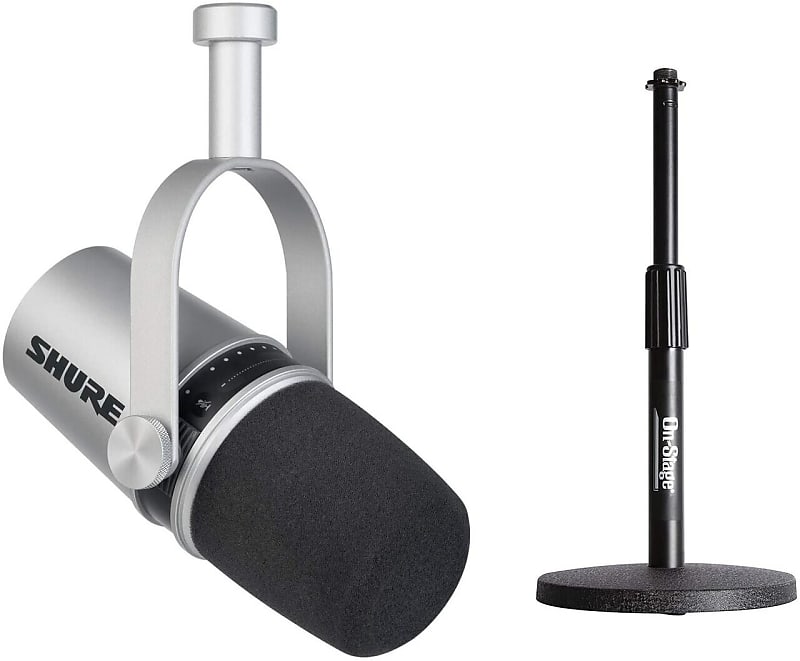 Shure MV7 w/ On Stage Desktop Mic Stand - Silver | Reverb