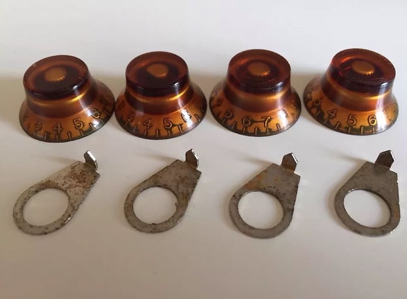 GIBSON 1959 AGED AMBER TOP HAT KNOBS SET NICKEL POINTERS LES | Reverb