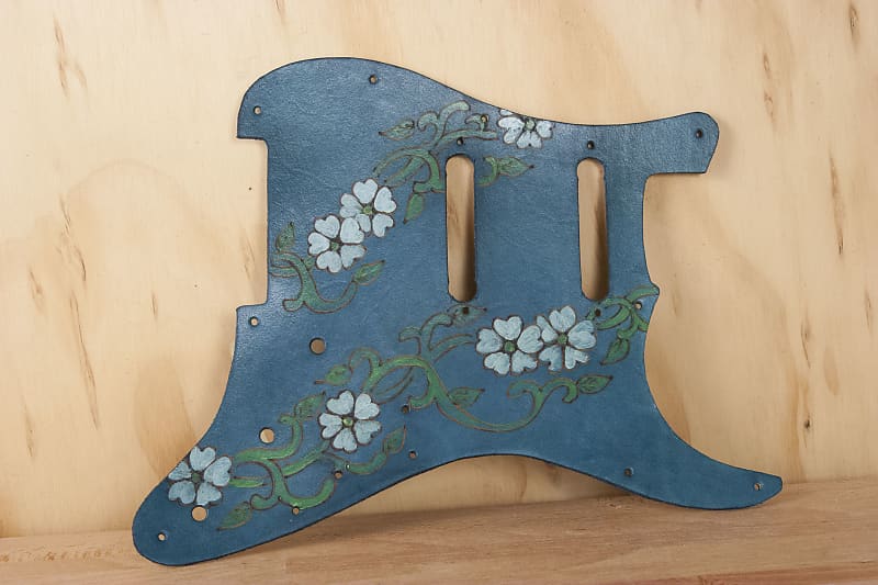 Stratocaster Pickguard - Leather in Blue with Flowers by | Reverb
