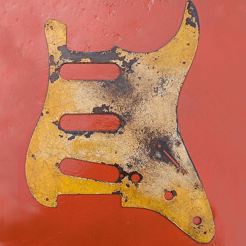 Relic steel rust stratocaster pickguard - 11 holes yellow | Reverb