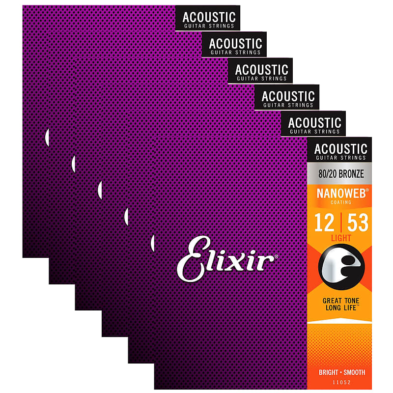 Elixir 11052 Acoustic 80/20 Nano Light 12-53 (6 Pack Bundle) | Reverb