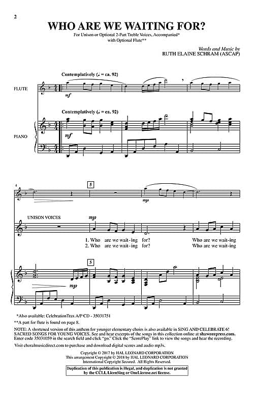 Who Are We Waiting For Unison 2 Part Treble Ruth Elaine | Reverb