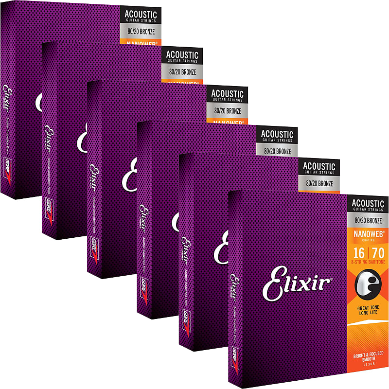 6 Sets of Elixir 11308 80/20 Bronze w/ NANOWEB Acoustic | Reverb