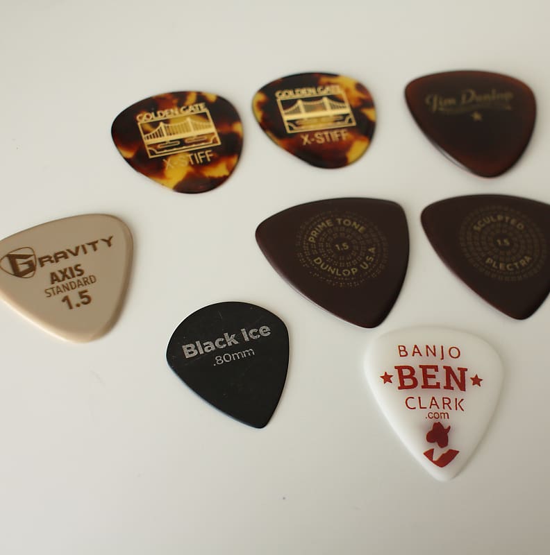 Mandolin Pick Sampler, Black Ice, Gravity Axis Gold, Golden | Reverb