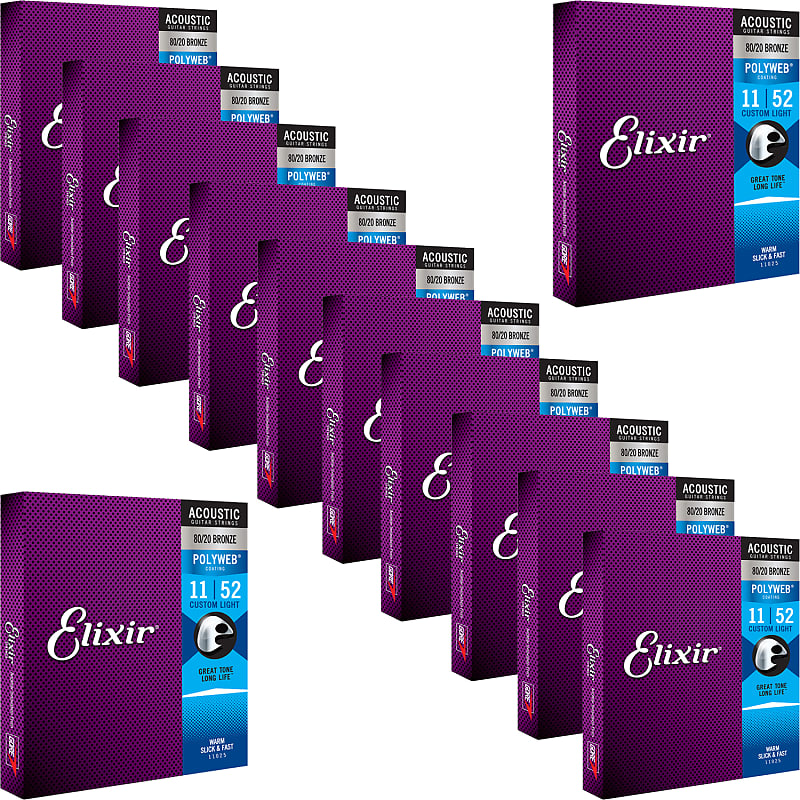 12 Sets of Elixir 11025 POLYWEB 80/20 Bronze Custom Light | Reverb