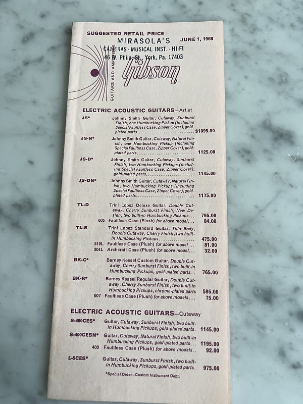 1968 Gibson Price List Rare Vintage Collector ES SG Case | Reverb