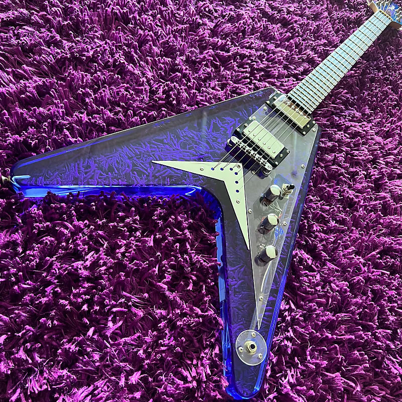 Ishibashi Mavis Blue Tinted Acrylic Flying V Electric Guitar | Reverb