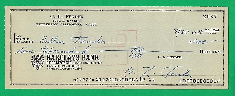 Leo Fender 1970 Autographed Signed Business Check Made Wife | Reverb