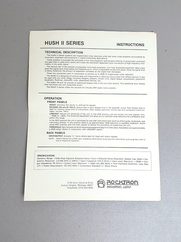 Rocktron HUSH II IIB IIC Series Noise Reduction - Owner's | Reverb