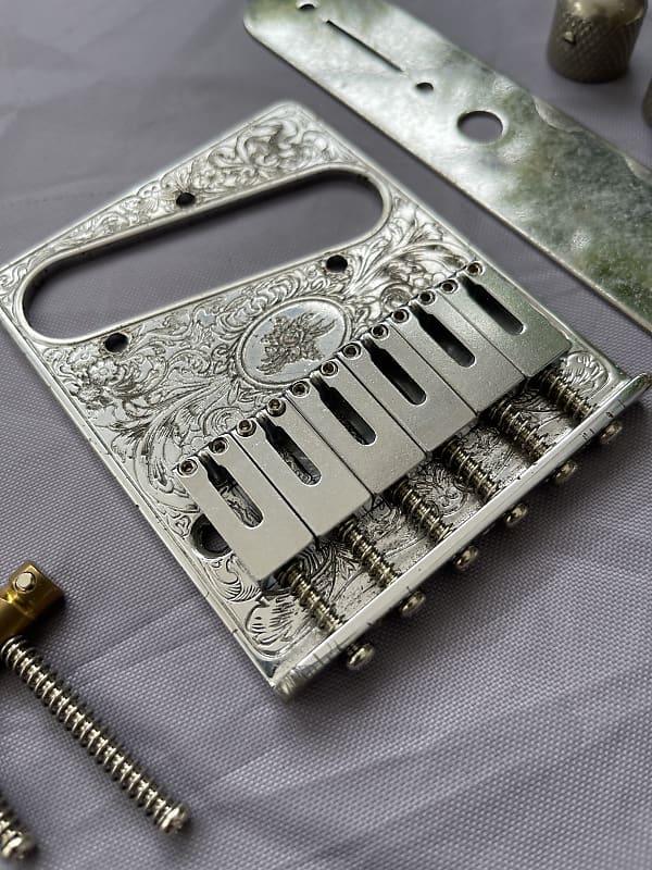 Gotoh aged chrome engraved Telecaster bridge set | Reverb
