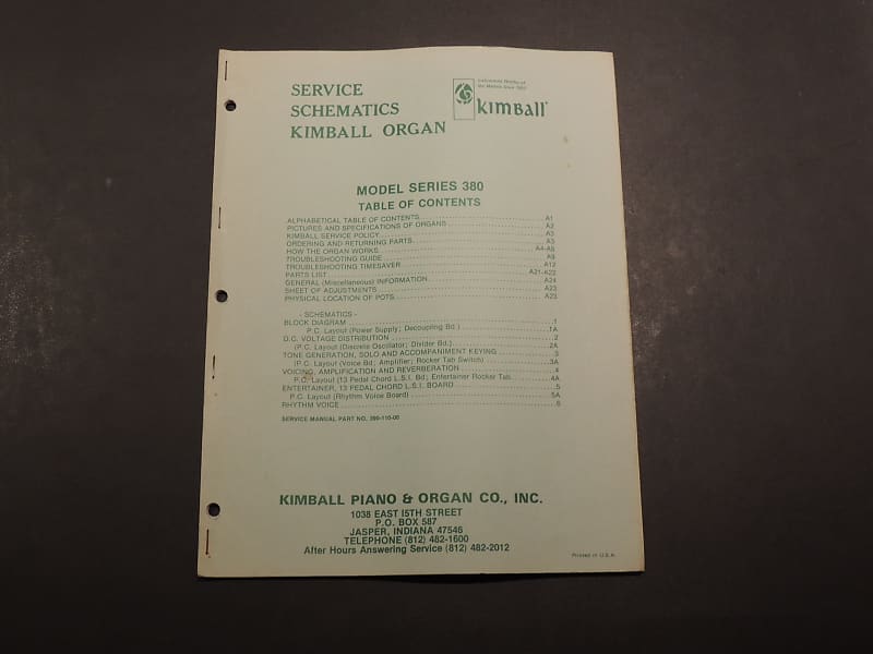 Kimball Model Series 380 Service Manual [Three Wave Music] | Reverb