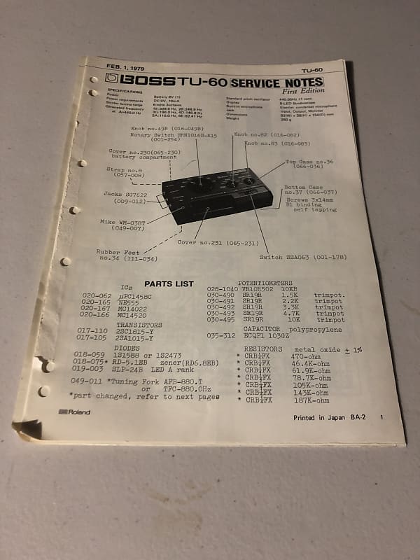 Roland Boss TU-60 Guitar Tuner Service Notes 1979 | Reverb