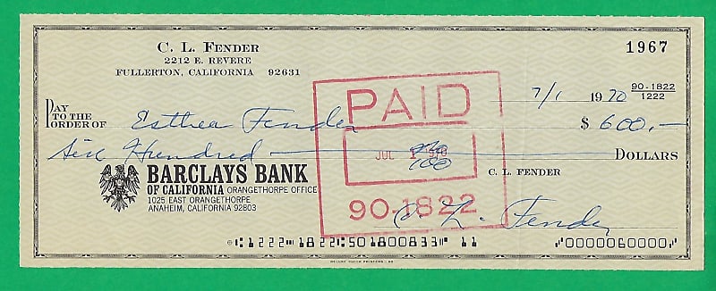 Leo Fender 1970 Autographed Signed Business Check Made | Reverb Canada