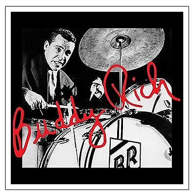 Buddy Rich Action shot tee shirt w/ red signature, traps drum | Reverb