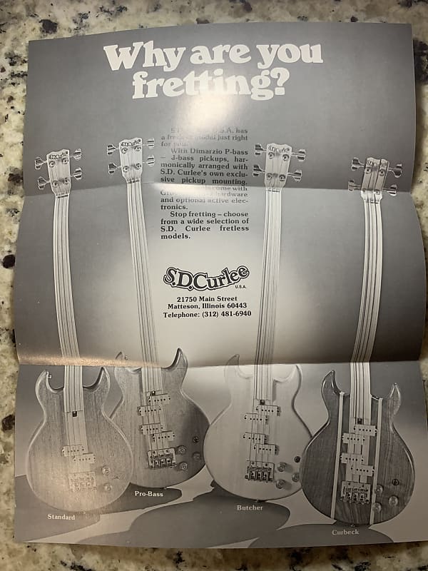 S.D. Curlee Fretless Bass Flyer Brochure 70’s-80’s | Reverb