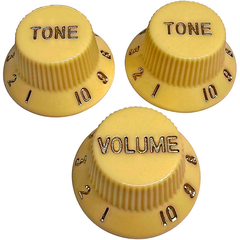 AxLabs Strat-Style Lefty Knob Kit with Gold Lettering (3) | Reverb