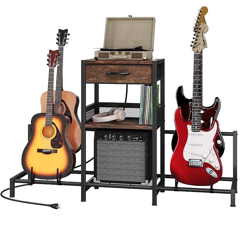 4-Tier Adjustable Guitar Stand with Power Strip and Drawer, | Reverb