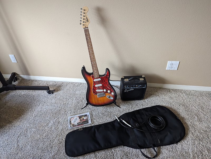 Squier Stratocaster Sunburst with Red Tortoise Pickguard, | Reverb