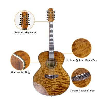 TARIO 12 Strings Acoustic Jumbo Body Guitar Quilted Maple | Reverb