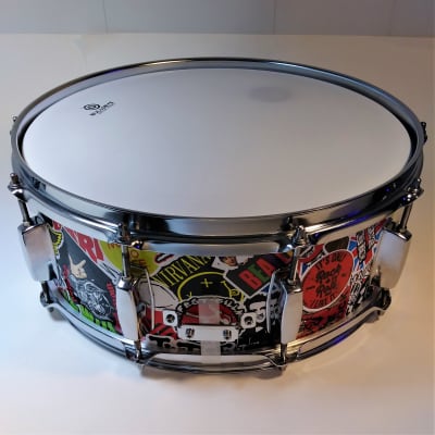 14" x 5 1/2" (Chrome Over Steel) Sticker Bombed Snare | Reverb
