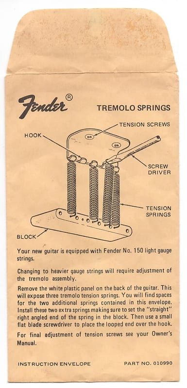 Fender- Tremolo Springs instruction envelope | Reverb