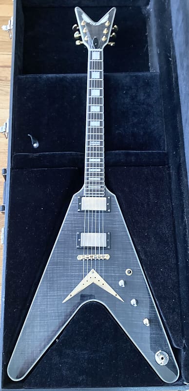 Dean Flying Vee V Black and Gold Flame Top Guitar W/Case | Reverb