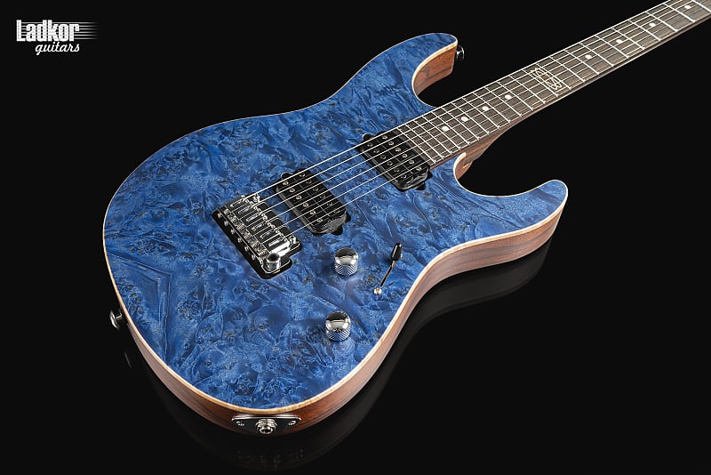 Suhr Custom Modern HH Satin Trans Blue Waterfall Burl Maple | Reverb