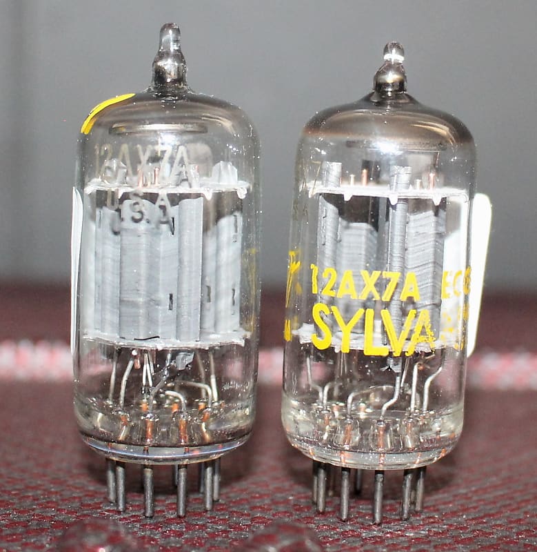 SYLVANIA 12AX7 E83CC PERFECT MATCH PAIR LONG PLATE HALO | Reverb