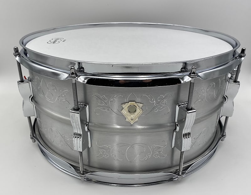 JC Designs 6.5x14" Aluminum Hand Engraved snare drum. | Reverb