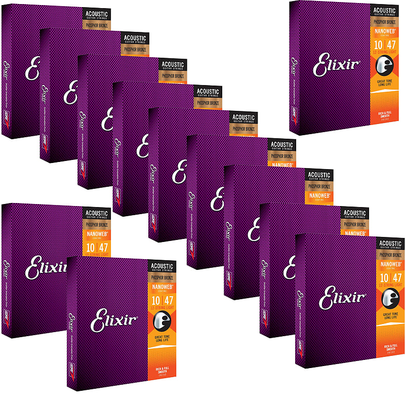 12 Sets of Elixir 16152 12-String NANOWEB Phosphor Bronze | Reverb