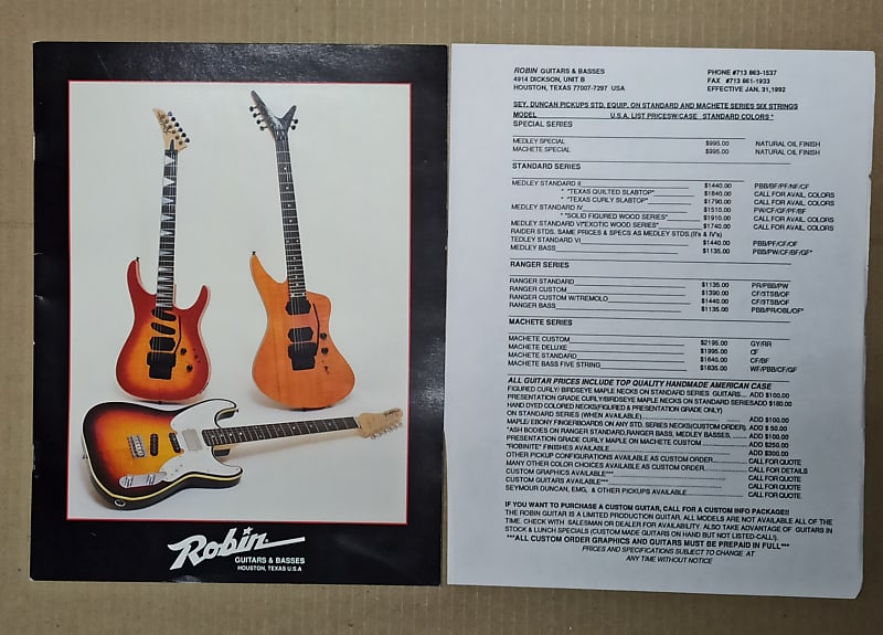 Robin Guitars And Basses Catalog Robin 1992 | Reverb
