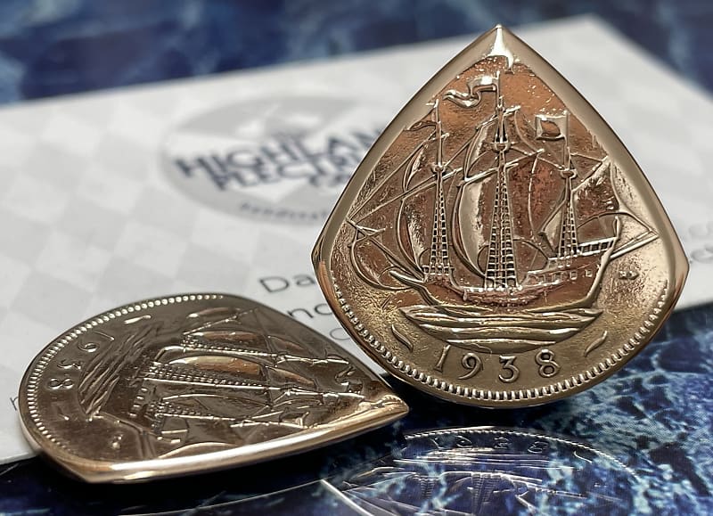 The Highland Plectrum Co. 1938 George VI Half Penny Coin Pick | Reverb