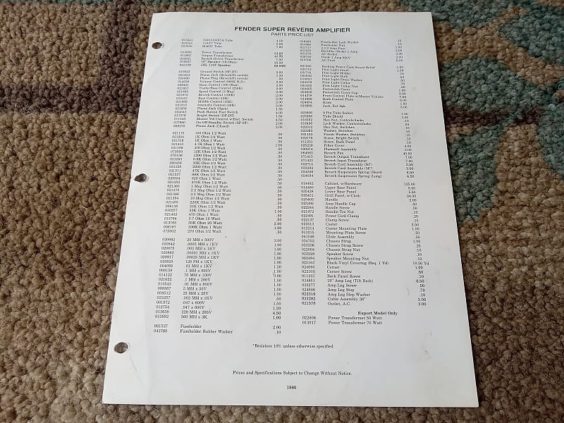 Vintage 1980 Fender Super Reverb Amplifier Parts List and | Reverb