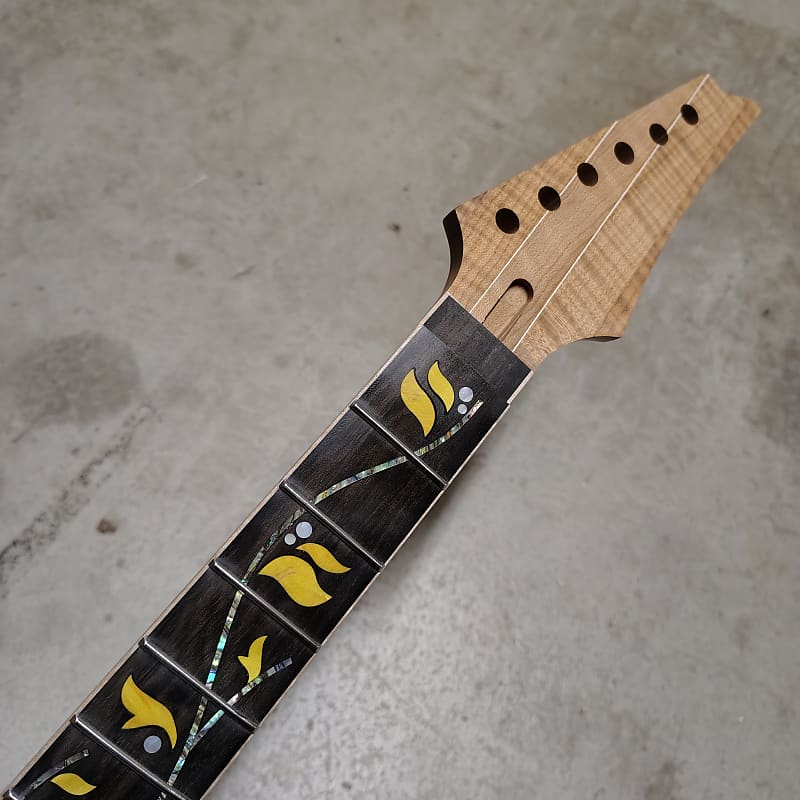 J cutom inlay Ebony Flame Roasted maple neck SS frets fits | Reverb