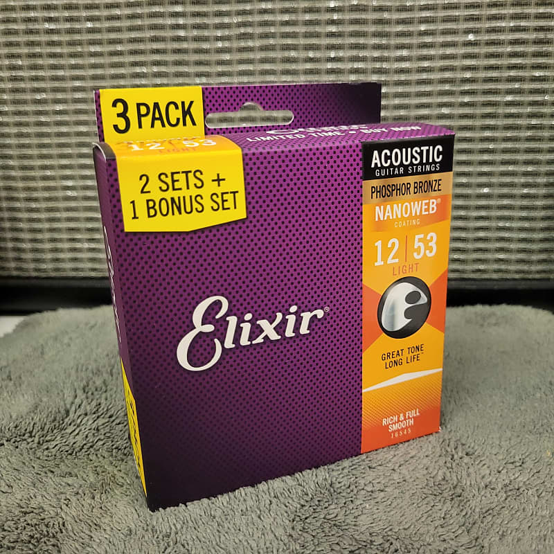 Elixir 16545 Phosphor Bronze Nanoweb 12-53 3 for 2 Pack | Reverb