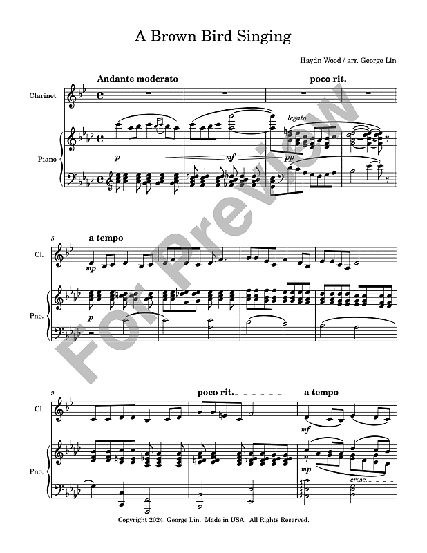 Bb Clarinet Sheet Music - A Brown Bird Singing (Haydn Wood). | Reverb