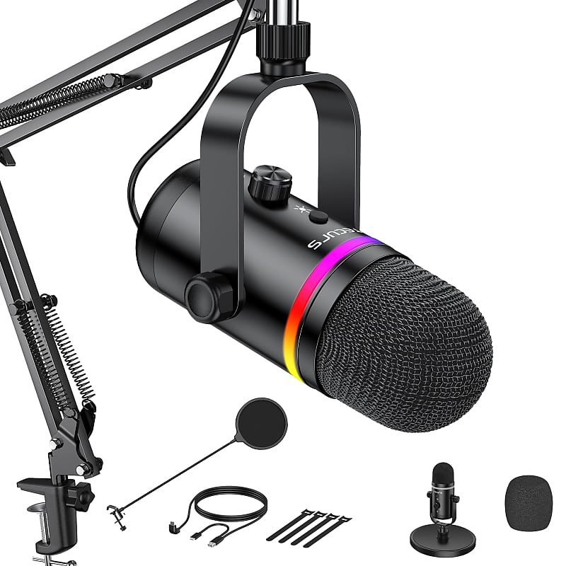 TECURS USB Microphone RGB with Arm Condenser Microphones for PC Gaming Mic Kit with Adjustment Boom Stand Pop Filter Quick Mute Gain Control for Streaming Discord Podcasts Recording PS4 5 Reverb Espan...
