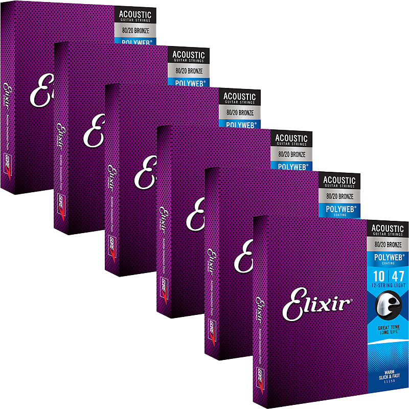 6 Sets of Elixir 11150 12-String 80/20 Bronze POLYWEB Light | Reverb