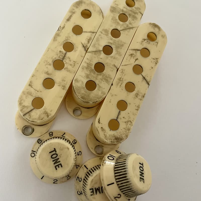Aged Fender knobs and pickup covers set, Cream, relic, aged, | Reverb
