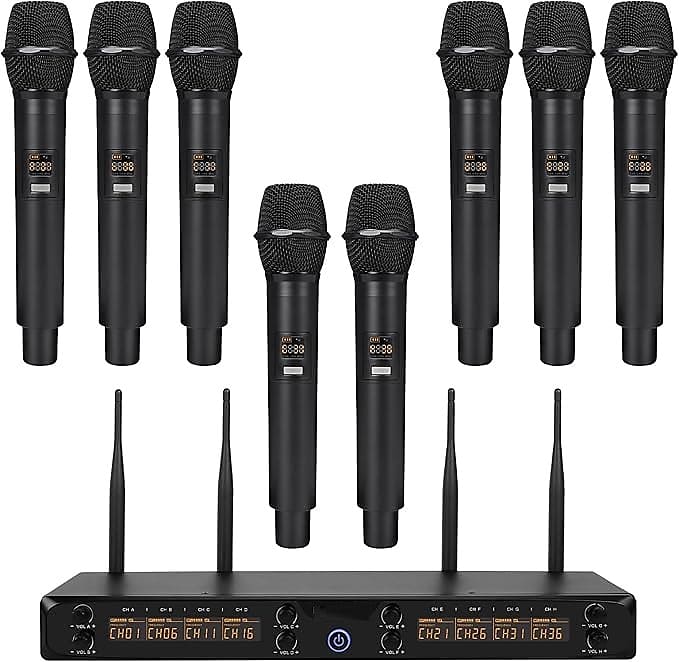 8-Channel Wireless Microphone System, UHF 500MHz Cordless Mic | Reverb