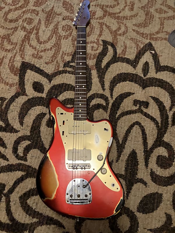 MJT Jazzmaster - Candy Apple Red over 3-Tone Sunburst | Reverb