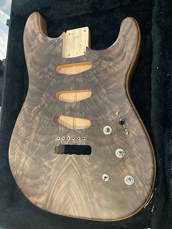 Usacg Strat body black claro walnut top roasted maple back 6 | Reverb
