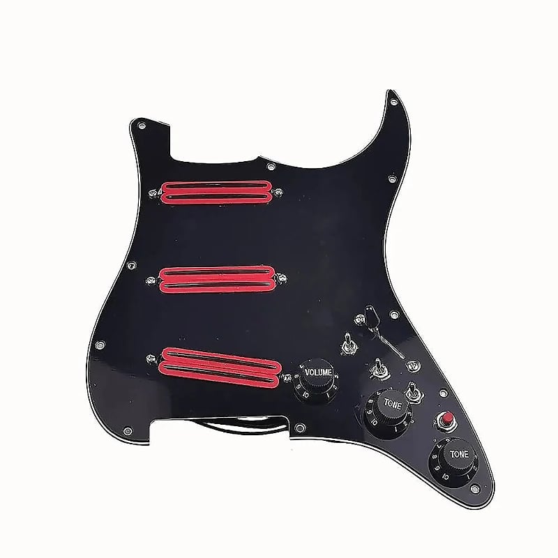 Black Strat Style Guitar Prewired Loaded Pickguard, Red Dual | Reverb